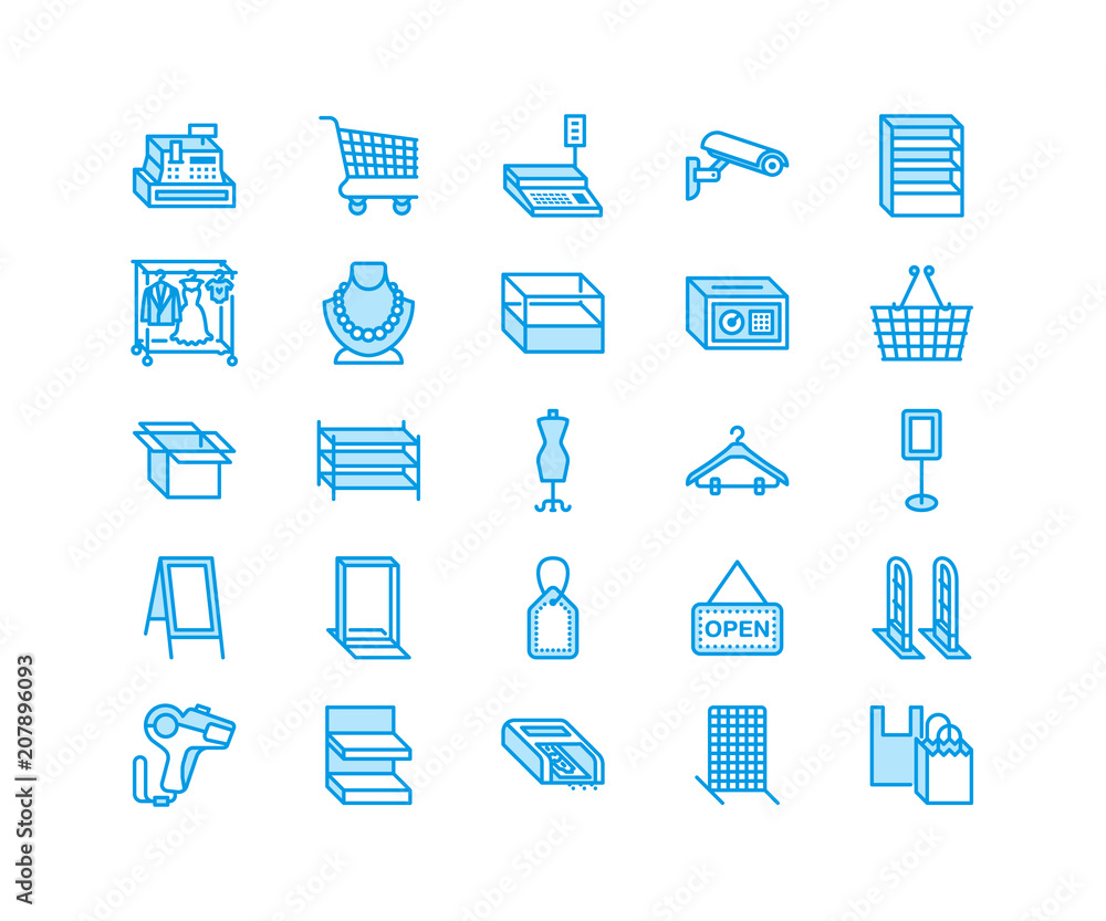 Vector de Stock Retail store supplies line icons. Trade shop equipment ...