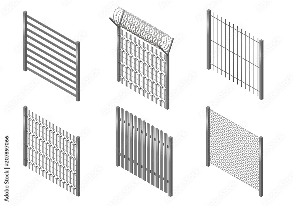 Set of metal fences, borders and walls in an isometric view. Mesh ...
