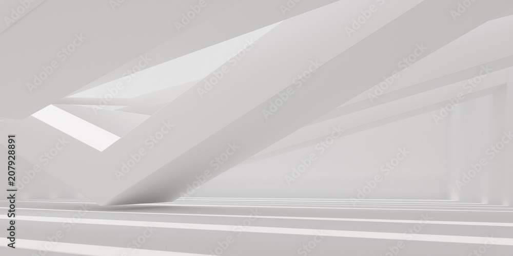 3D stimulate of white interior space with sun light cast the roof ...