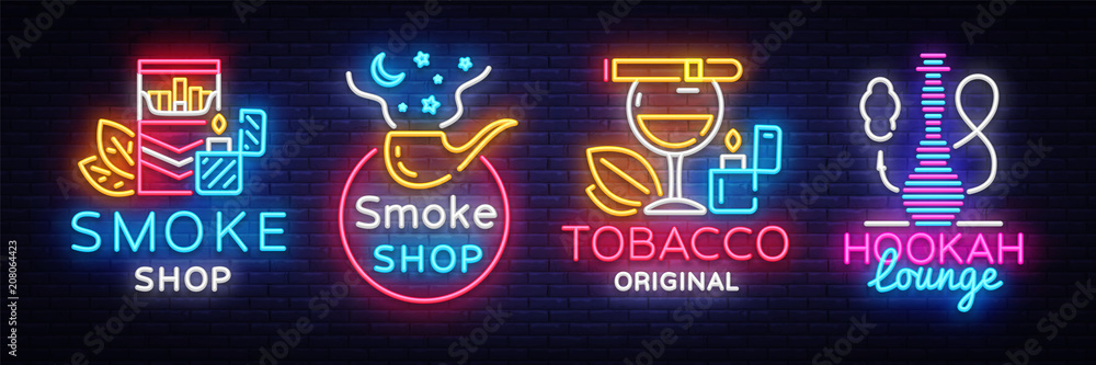Cigarette Shop Logo collection Neon Vector. Smoke shop neon signs ...