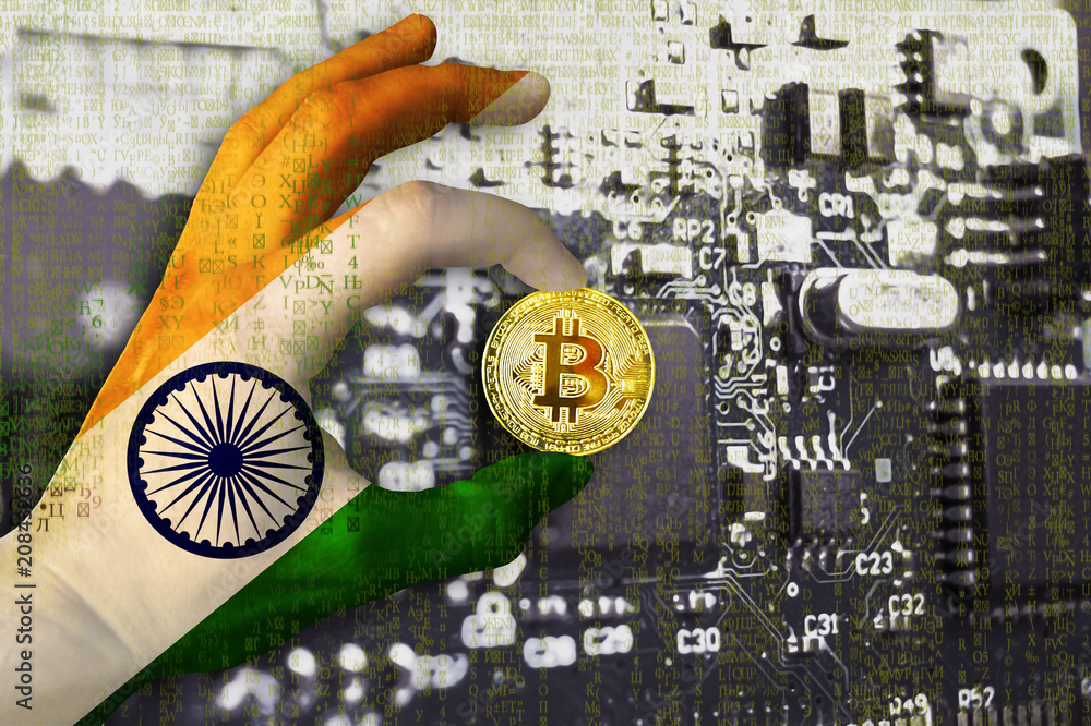 Bitcoin crypto currency India flag Binary code Golden Coin of Bitcoin ...