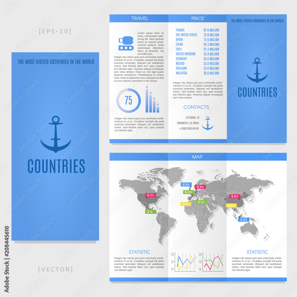 Стоковий вектор Tri-fold world map brochure template. The most visited ...