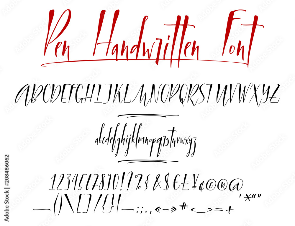 Pen lettering vector alphabet with numbers and punctuation. Modern calligraphy, handwritten ...