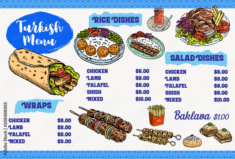 Menu design, Hand drawn Turkish food, Vector Illustration Stock Vector ...