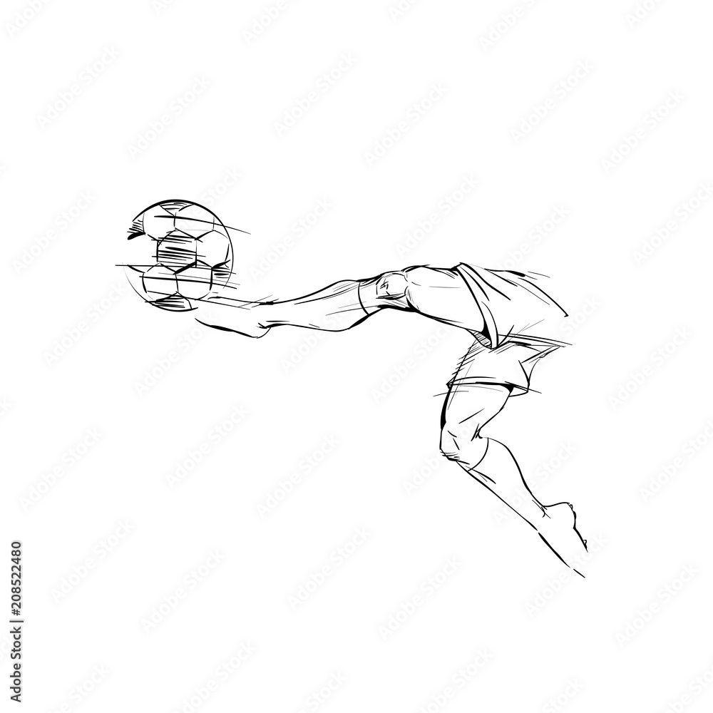 Soccer player in a jump, kicks the ball scoring a goal. Hand drawn ...
