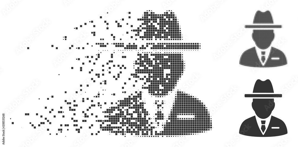 Grey vector spy person icon in dispersed, dotted halftone and undamaged ...