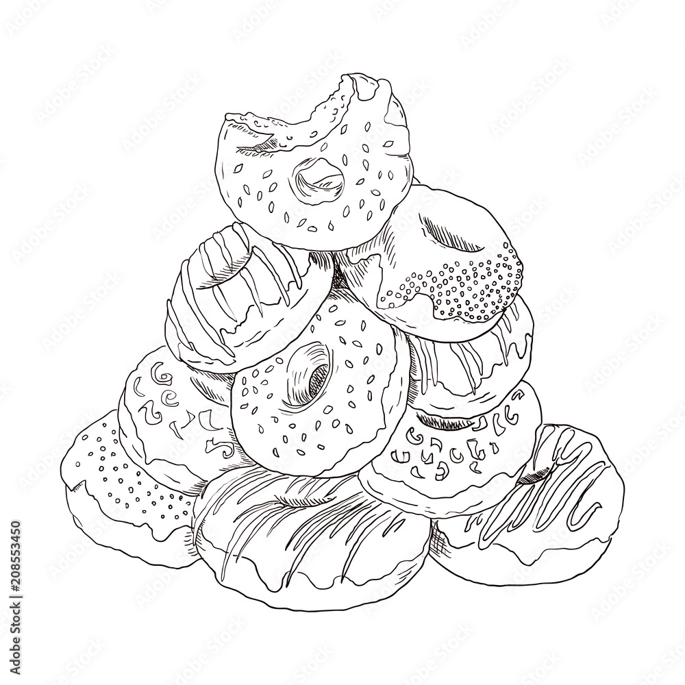 Big pile of sweet doughnuts. Hand drawn sketch. Vector illustration of ...