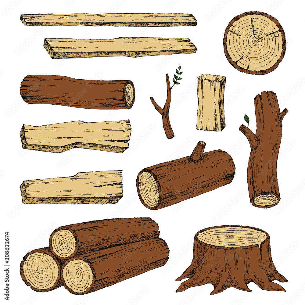 Wood, burning materials. Vector sketch illustration collection ...