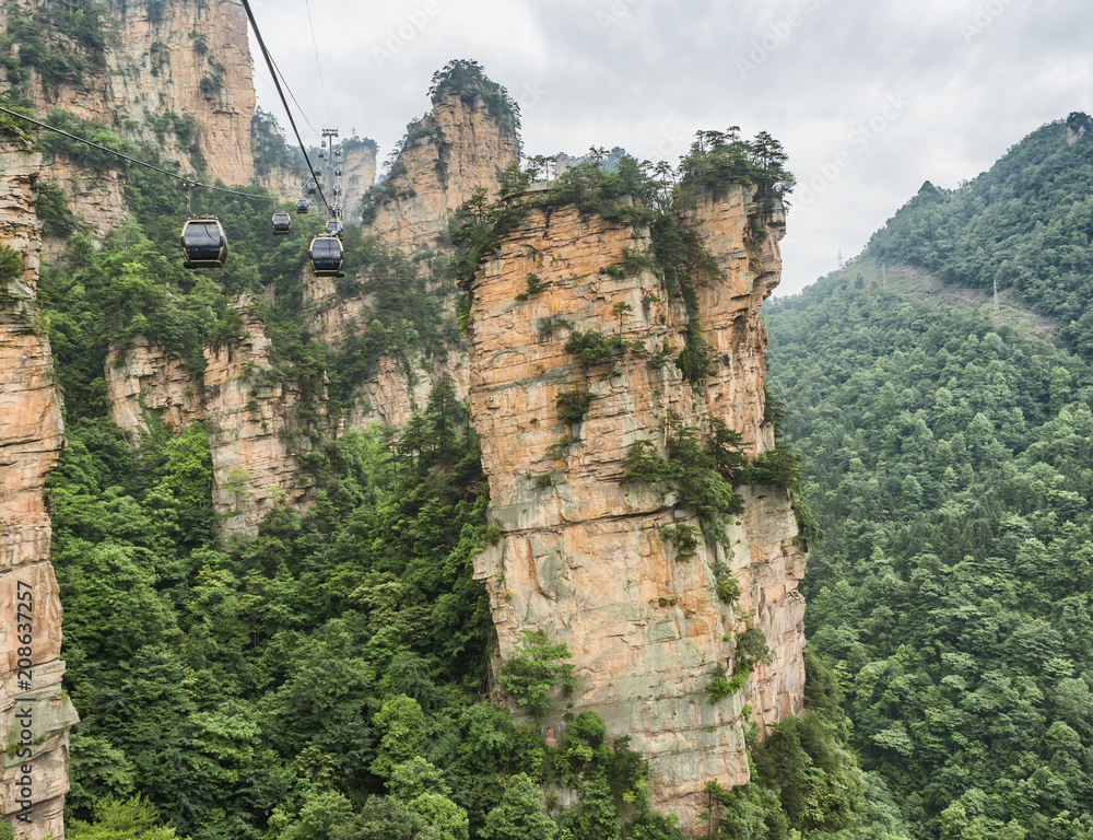 Cable car within the Tianzi Mountain column karst at Wulingyuan Scenic ...