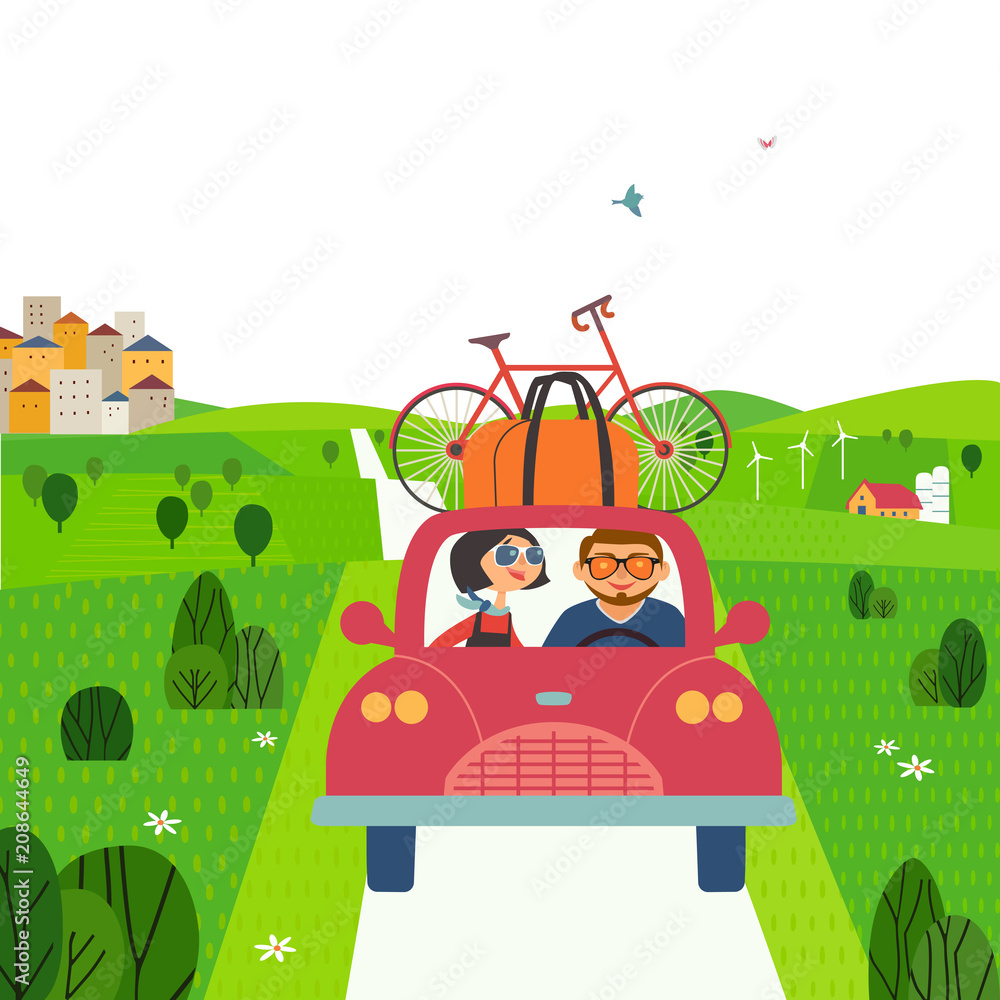 Travelling by car concept. Young happy travellers take a trip outside ...
