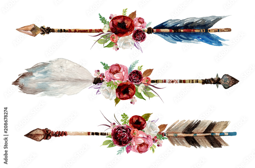 Watercolor ethnic boho set of arrows, feathers and flowers, native ...