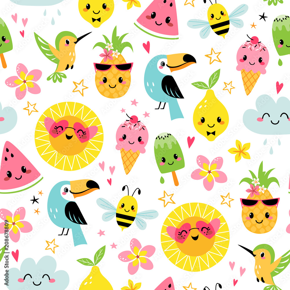 Seamless pattern of cute summer cartoon characters on white background ...