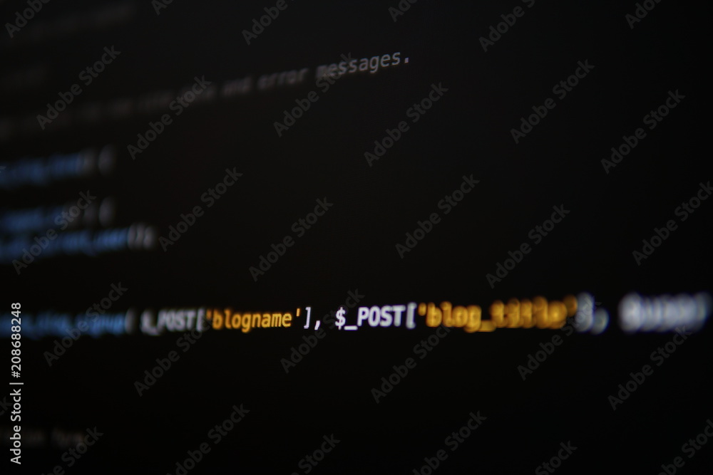 Simple website HTML code with colorful tags in browser view on dark ...