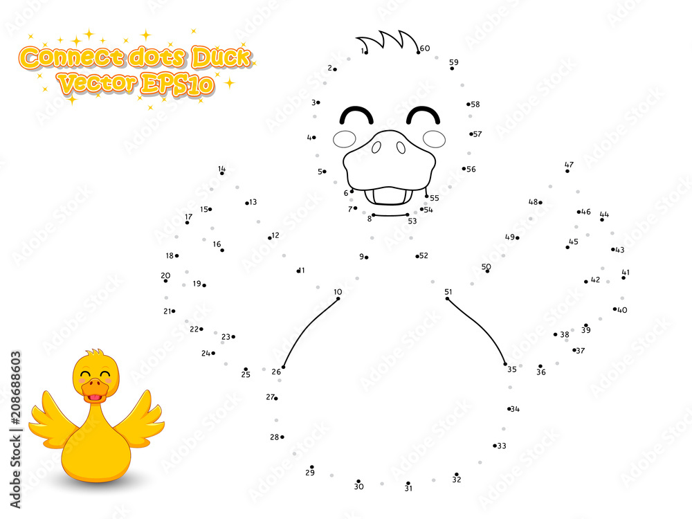Connect The Dots and Draw Cute Cartoon Duck. Educational Game for Kids ...