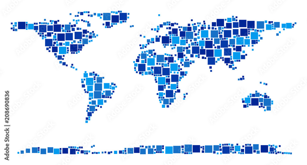 World continent map mosaic of randomized square elements in variable ...