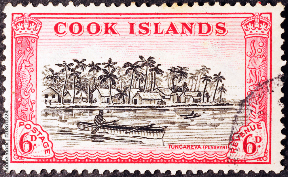 Foto de Stock Indigenous village on old postage stamp of Cook islands ...