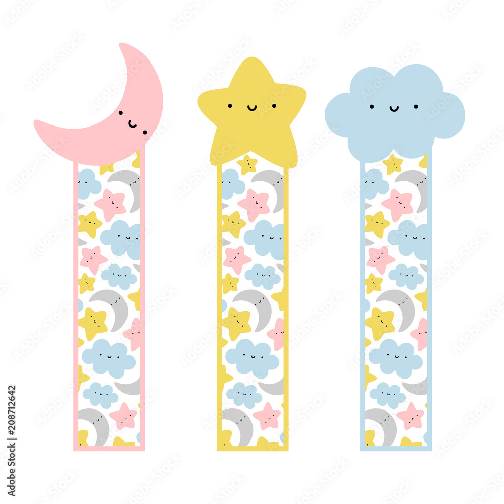 Cute Face Moon, Star and Cloud Bookmarks, Printable Sky Template ...