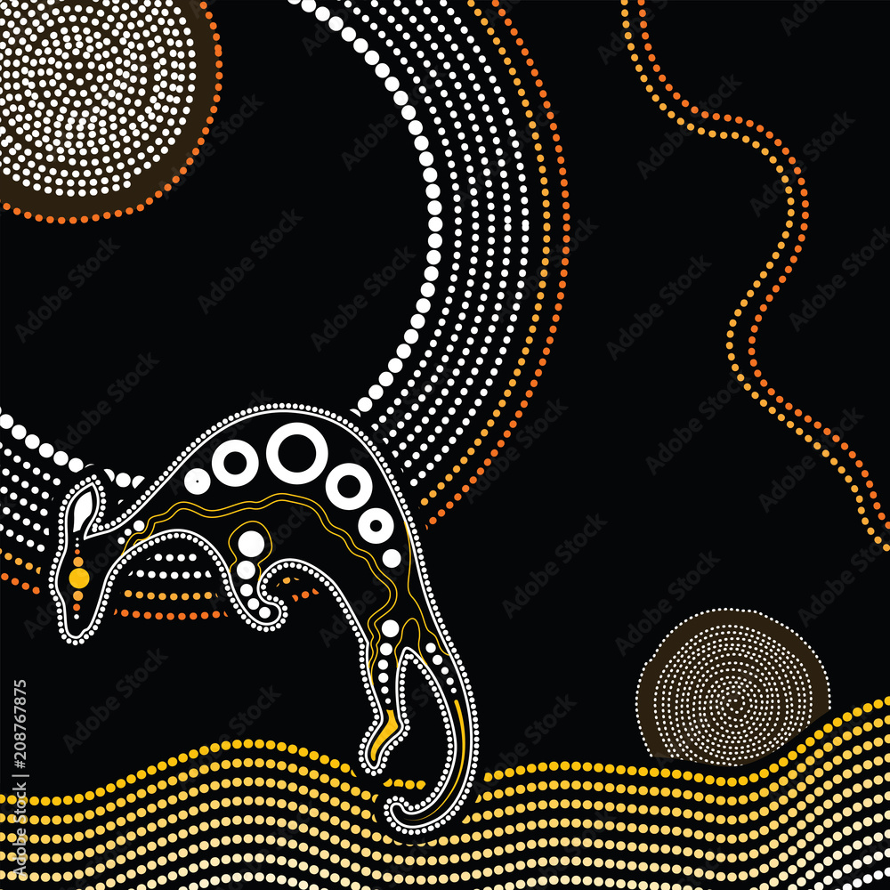 Aboriginal art vector painting with kangaroo. Illustration based on ...