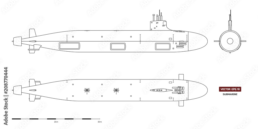 Blueprint of submarine. Military ship. Top, front and side view ...