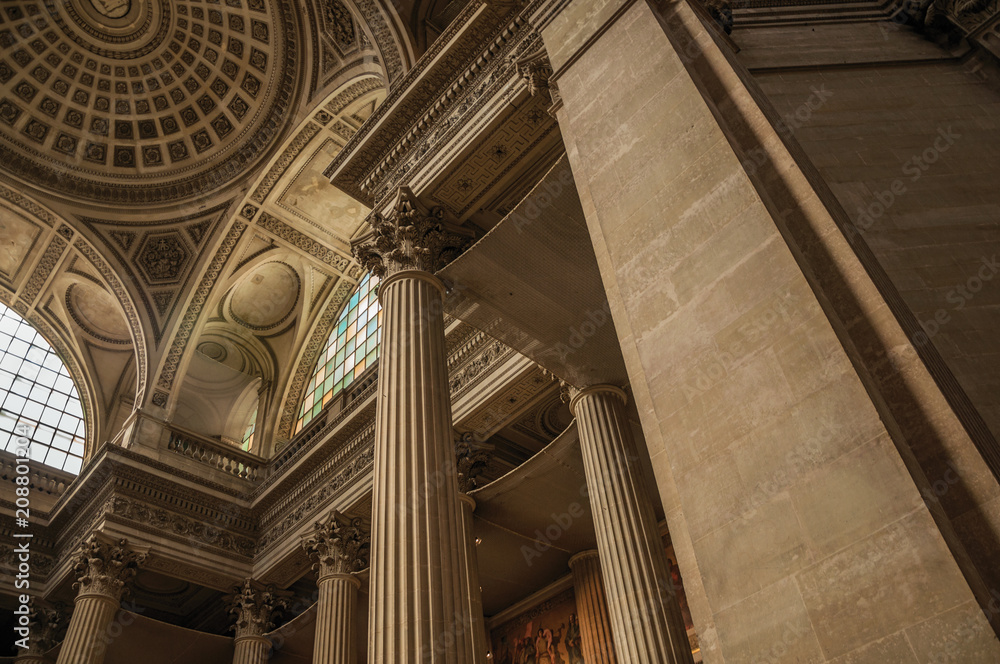 Pantheon inside view with high ceiling, columns, statues and paintings ...