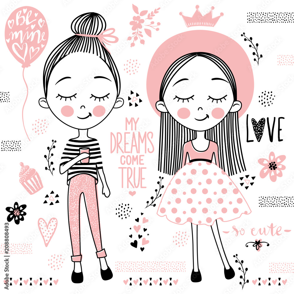 Vector set with cute little girls. Stock Vector | Adobe Stock