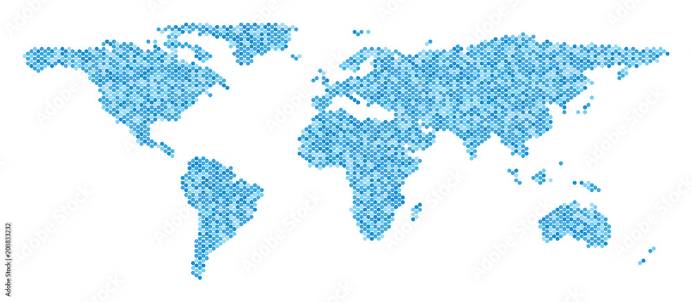 Blue pixelated world map. Vector geographic map in blue color hues on a ...