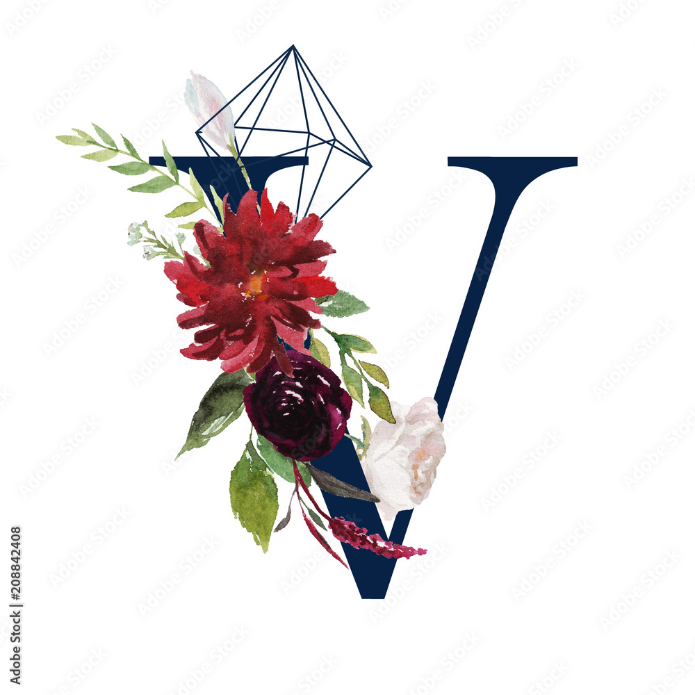 Floral Alphabet - letter V with flowers bouquet composition and ...