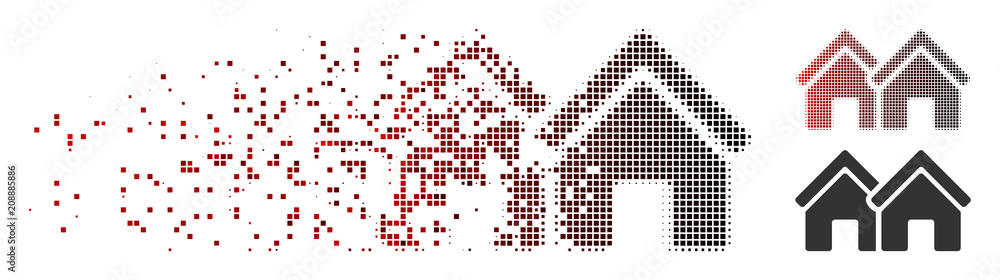 Vector houses icon in dissolved, pixelated halftone and undamaged whole ...