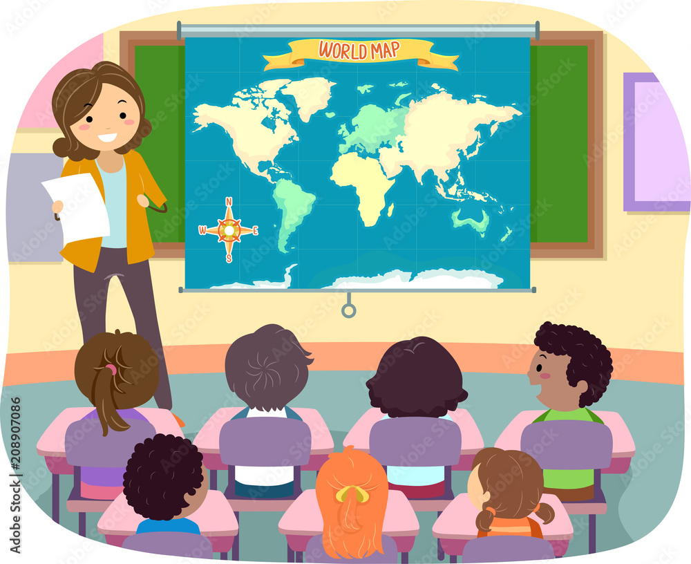 Stickman Kids Teacher Geography World Map Stock Vector | Adobe Stock