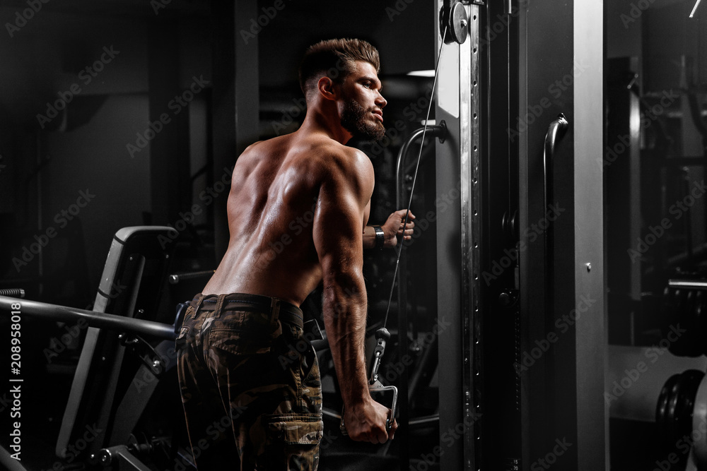 Muscular man trains in gym, performs an exercise on triceps, bare torso ...