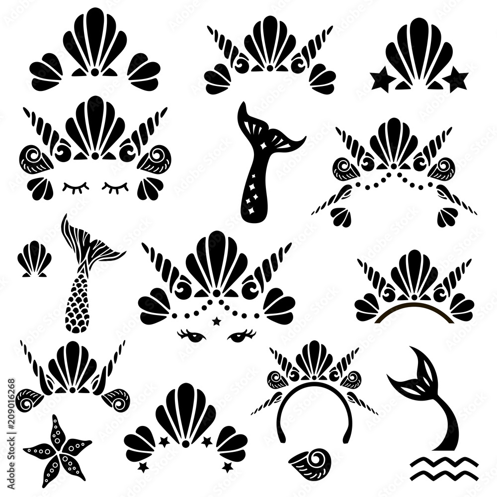 Mermaid symbols set with sea shells crowns, tails and eyes. Vector ...