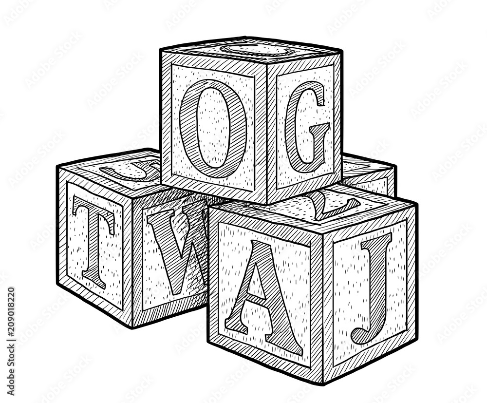 Alphabet blocks illustration, drawing, engraving, ink, line art, vector ...