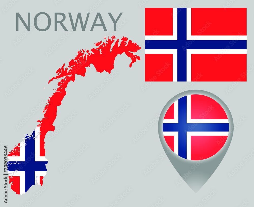 Colorful flag, map pointer and map of Norway in the colors of the ...