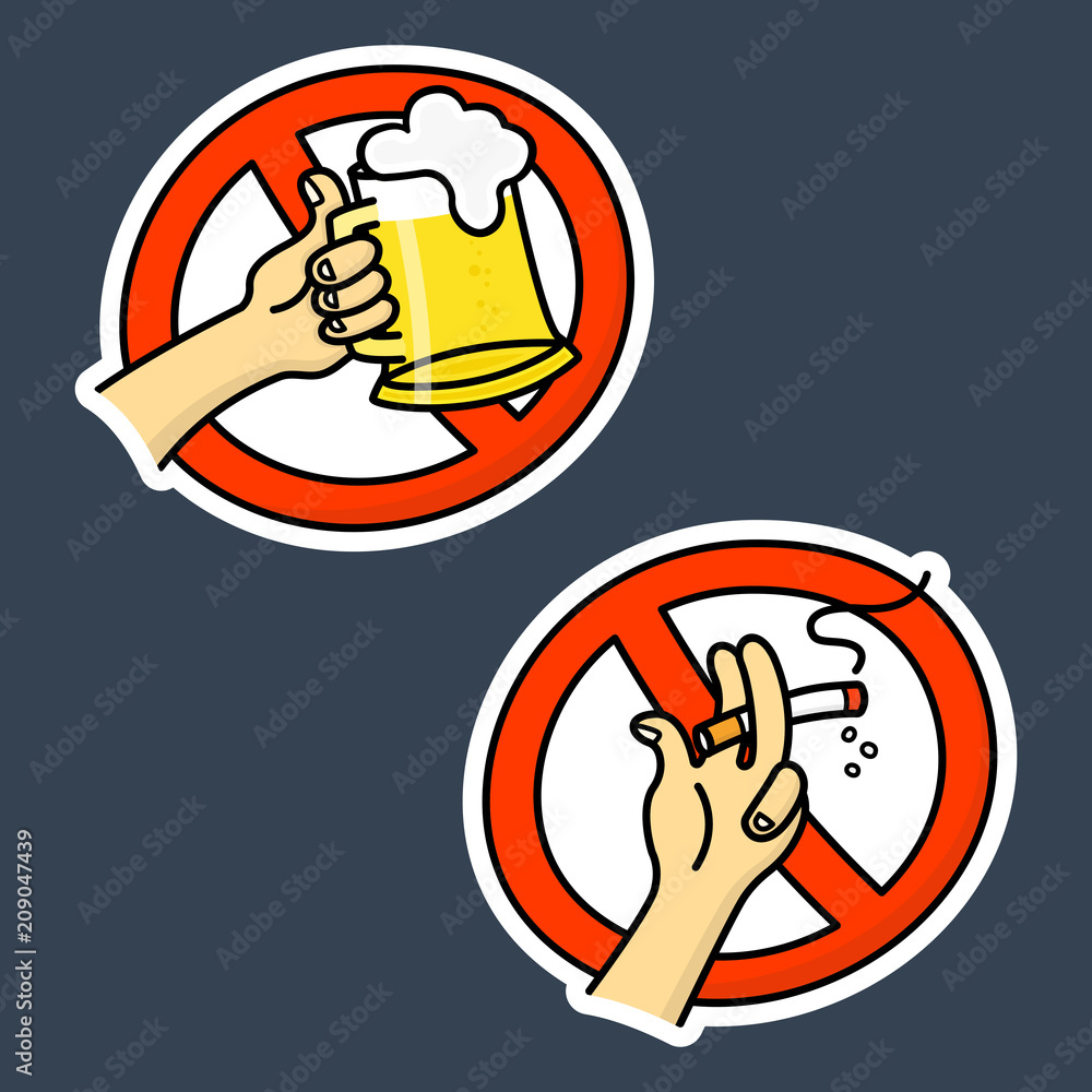 Flat vector cartoon design concept of no alcohol and no smoking signs ...