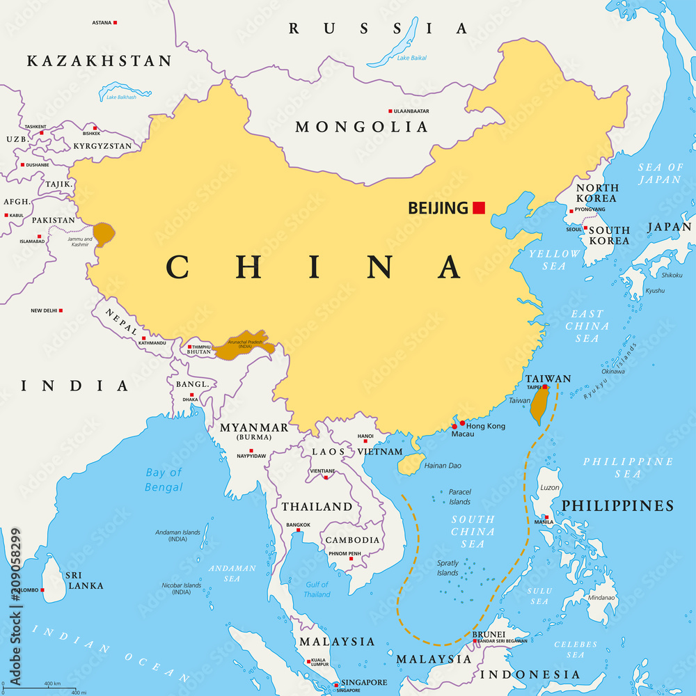 Peoples Republic of China, PRC, political map. Area controlled by China ...