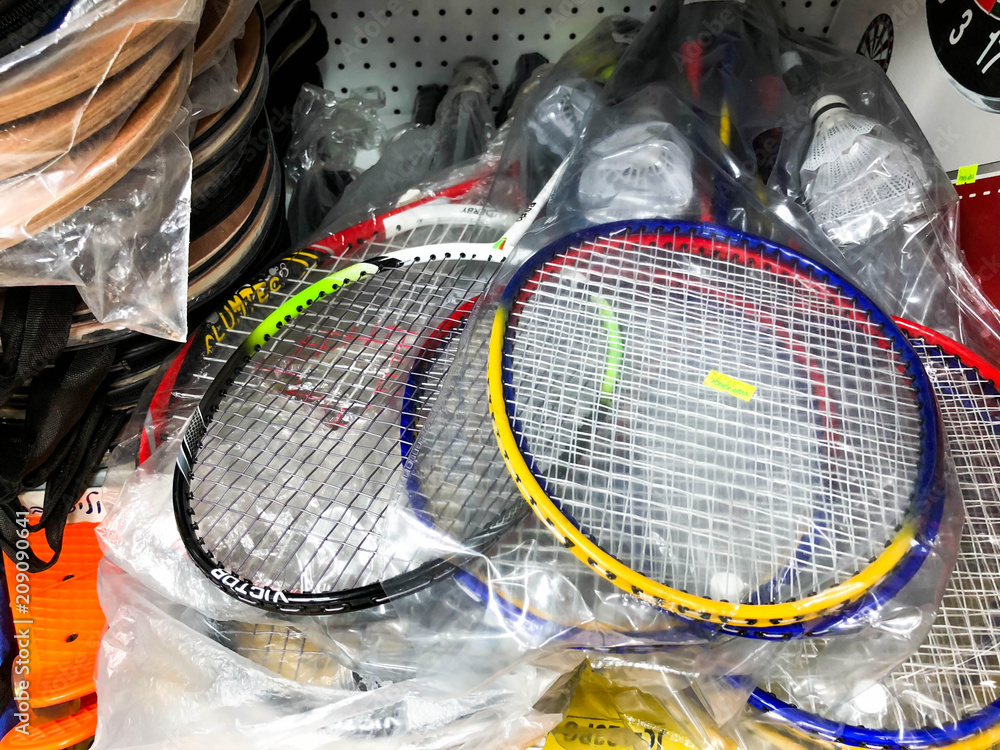 RISHON LE ZION, ISRAEL- APRIL 27, 2018: Shelves with badminton rackets ...