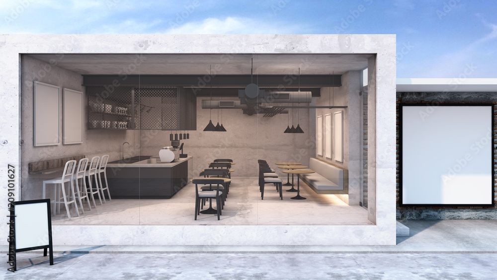 Front view Cafe shop & Restaurant design. Modern Loft wall concrete ...