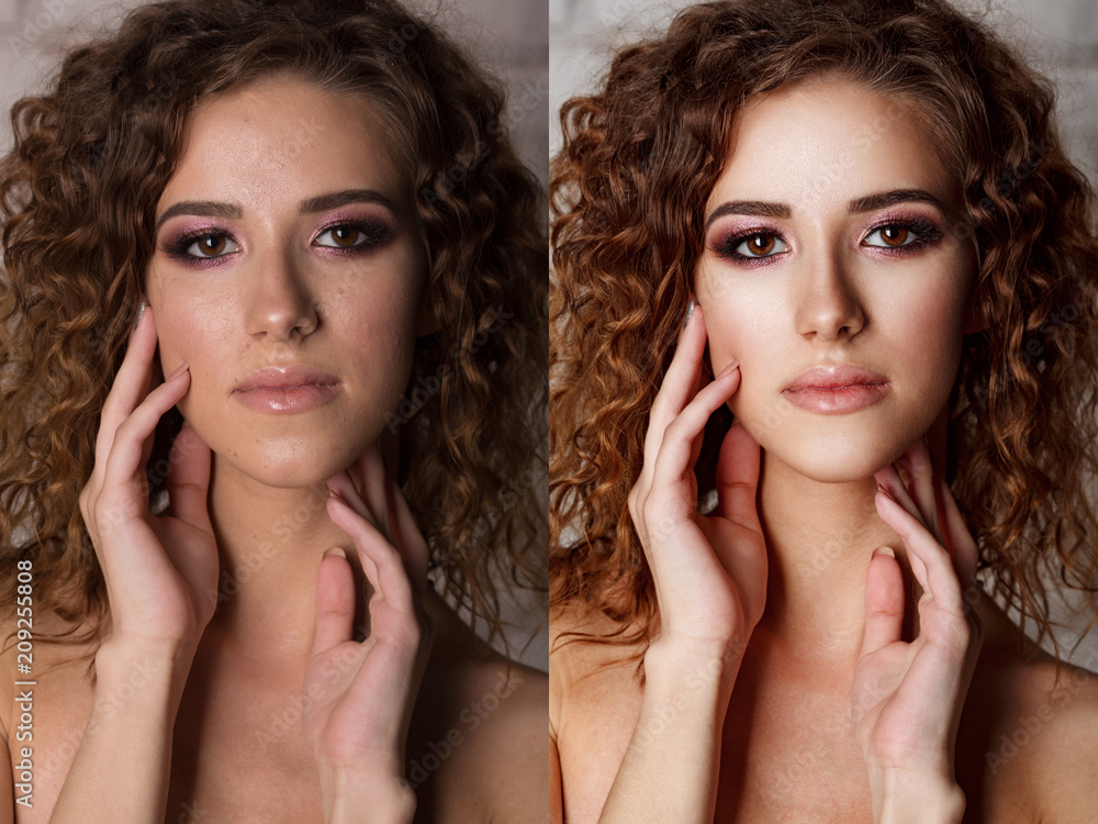 Before-after processing. Woman before and after retouch. comparison ...
