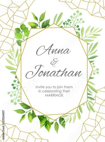 Wedding invitation with green leaves border and geometric pattern ...