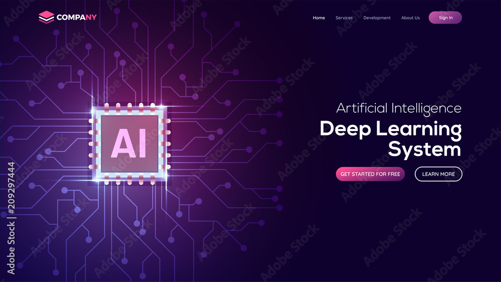 Artificial Intelligence (AI) landing page. Website template for deep learning concept. Stock ...