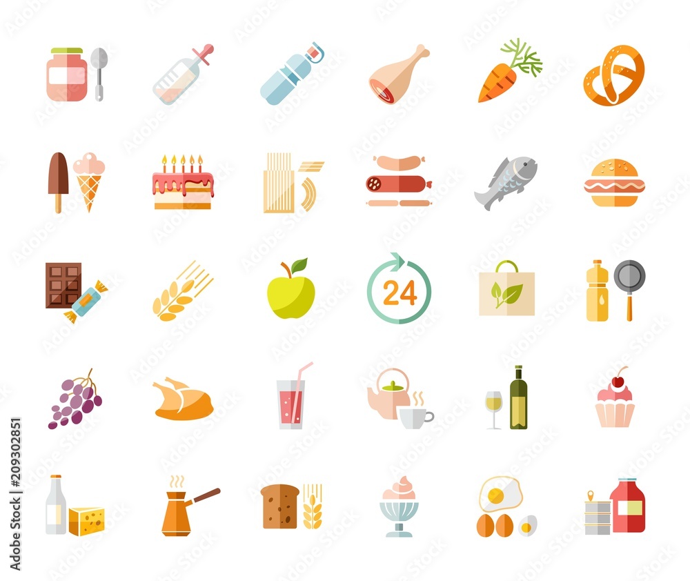 Stock-Vektorgrafik „Food, colored icons, grocery store, vector. Food ...