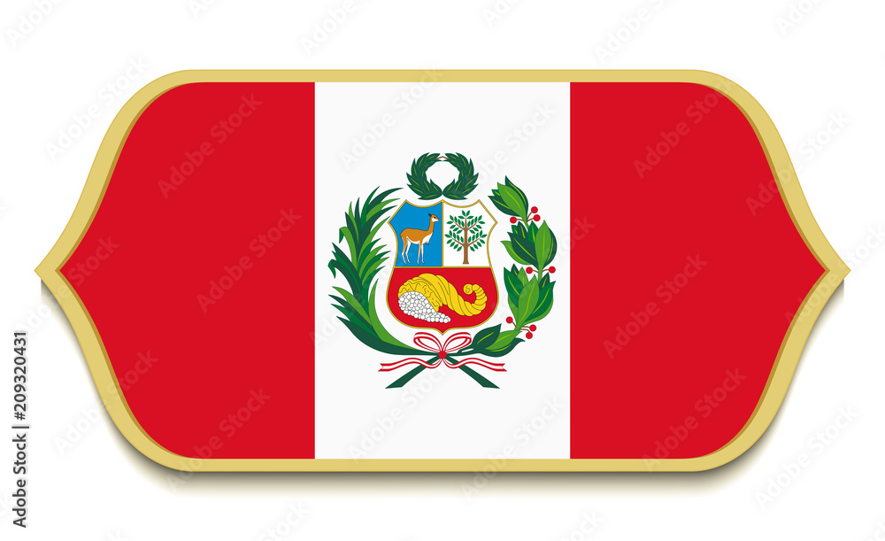 Peru. Flat national flag with coat of arms icon button. Peruvian symbol ...