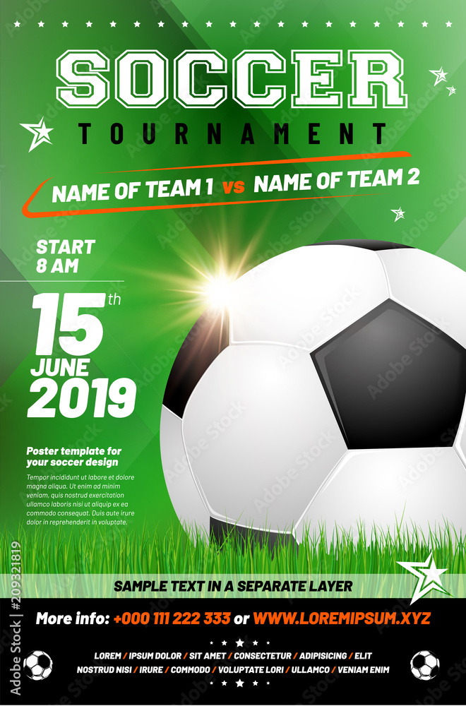 Soccer tournament poster template with sample text in separate layer ...