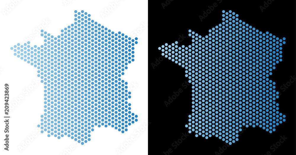 Honeycomb France map. Vector geographic scheme in light blue color with ...