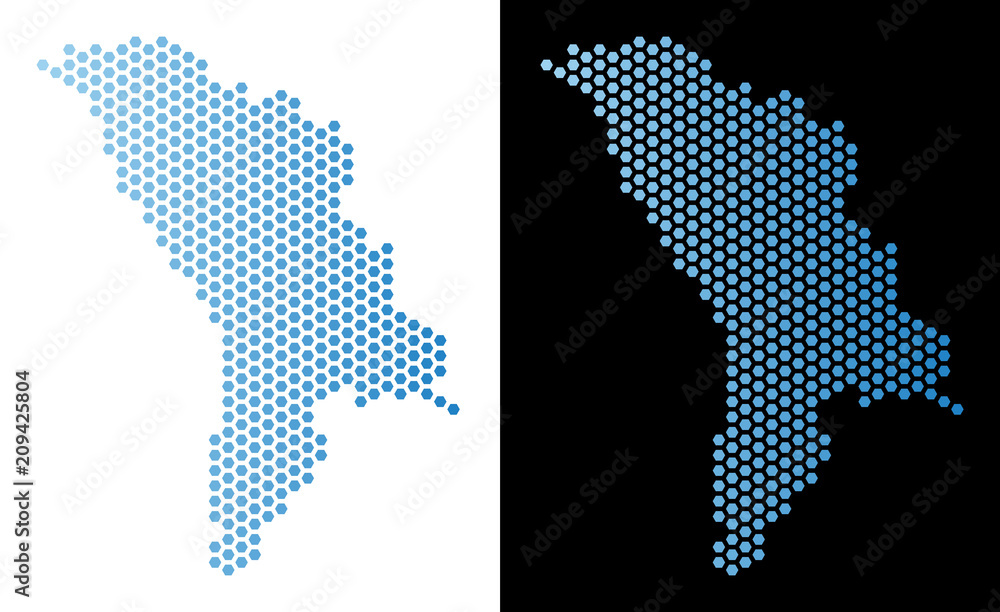 Hexagon Moldova map. Vector geographic plan in light blue color with ...
