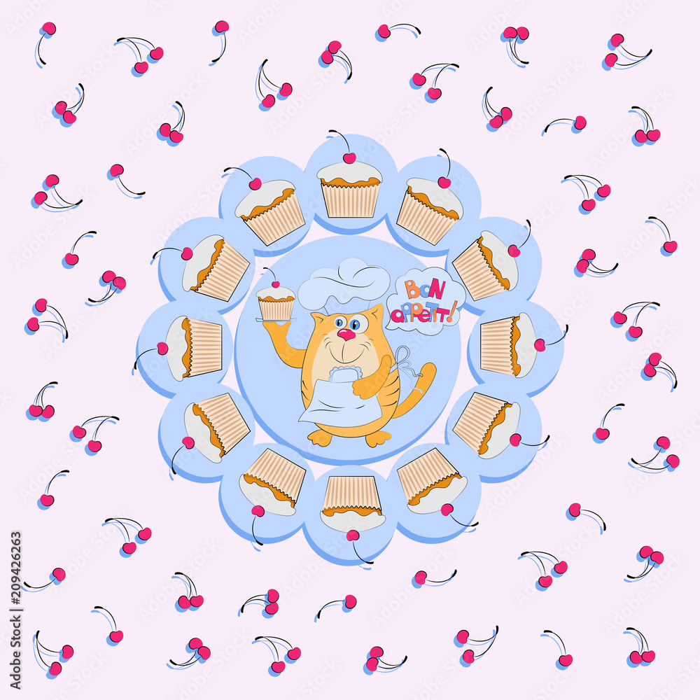Vector de Stock Cat confectioner with cake and his wish BON APPETIT ...