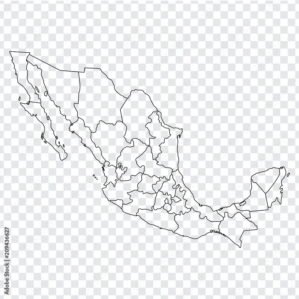 Blank map Mexico. Map of Mexico with the provinces. High quality map of Mexico on transparent ...
