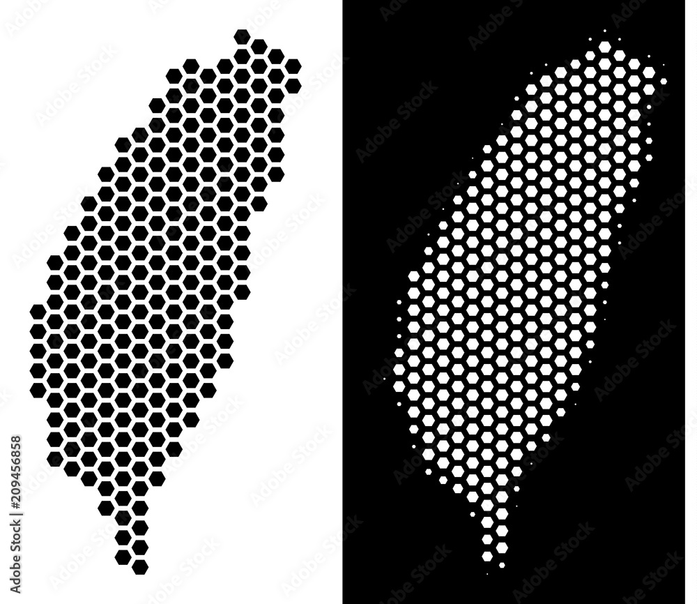 Vetor Hexagon Taiwan Island map. Vector territorial scheme in black and ...