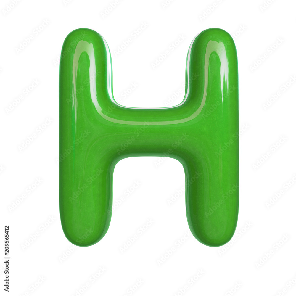 Glossy green paint letter H. 3D render of bubble font isolated on white ...