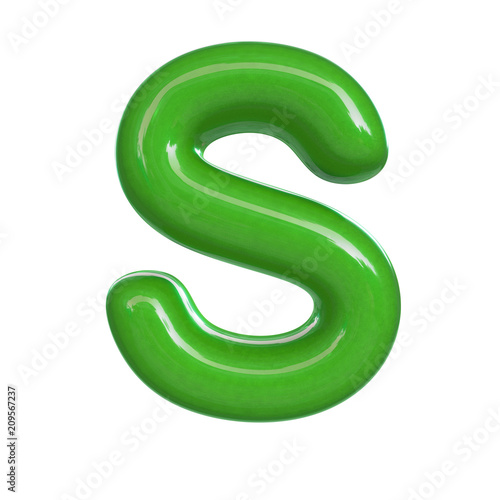 Glossy green paint letter S. 3D render of bubble font isolated on white ...